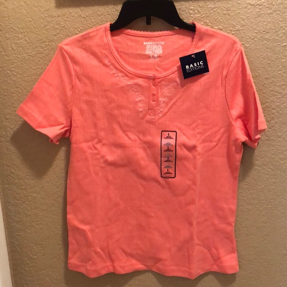 Basic Editions | Tops | Nwt Basic Editions Henley Embroidered Shirt Coral Color Large ...